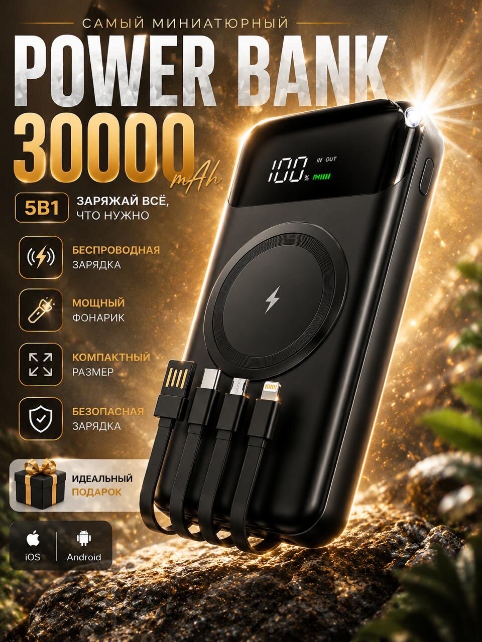 Повербанк, Power Bank 30000 mAh, беспроводная зарядка, премиум качество