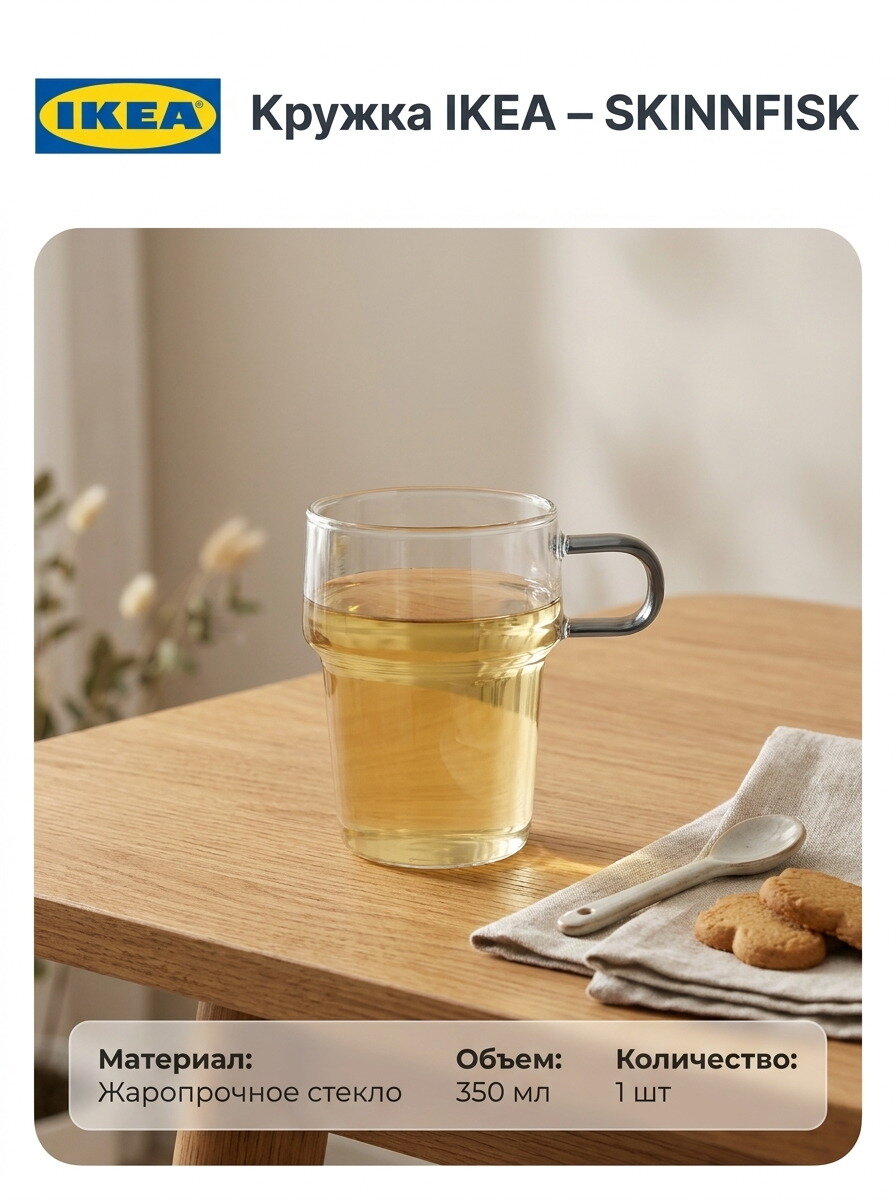 Кружка IKEA SKINNFISK, с ручкой, из жаропрочного стекла, прозрачная, 350 мл, 1 шт