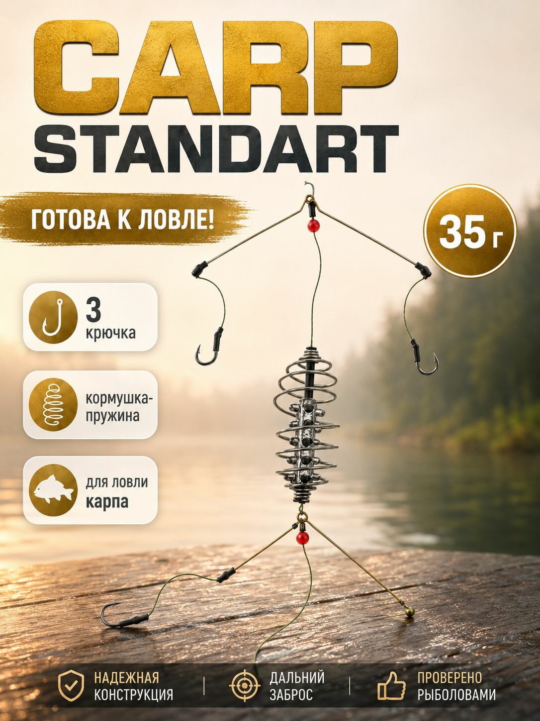 Карповая оснастка CARP STANDART 35 г, фидерный монтаж с кормушкой-пружиной и 3 крючками
