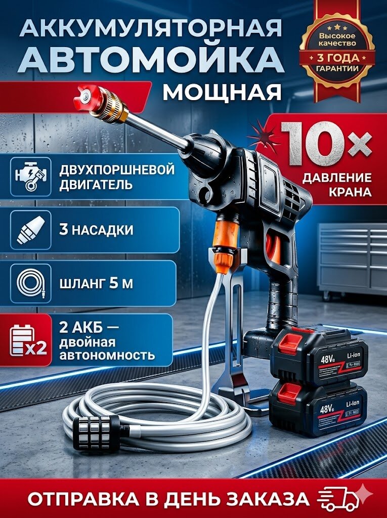 Мойка высокого давления аккумуляторная для автомобиля, Автомойка, в кейсе 2 аккумулятора, 3 насадки