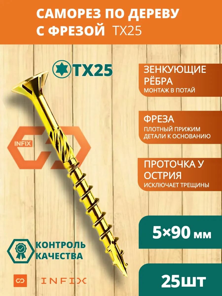 Саморезы по дереву с фрезой 5х90 желтый цинк TX25 (25 шт)