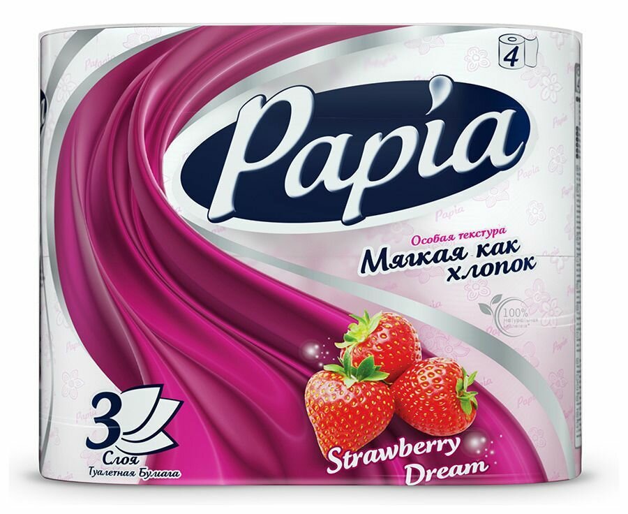 Papia Туалетная бумага Клубничная мечта, 3 слоя, 4 шт