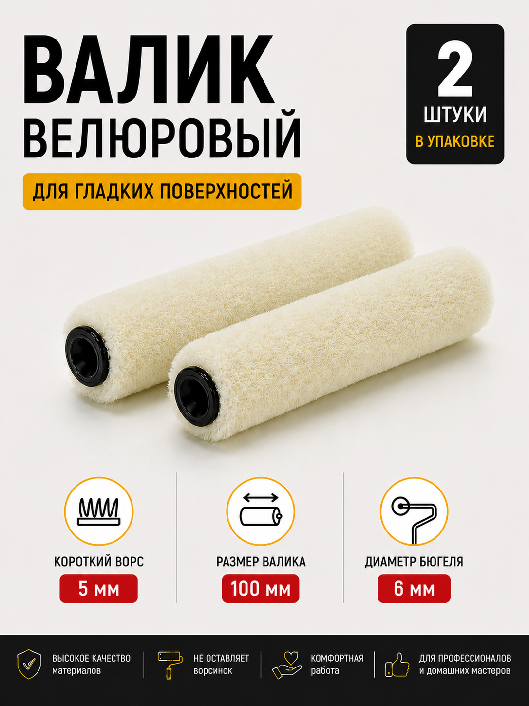 Валик малярный велюровый для гладких поверхностей, 2 шт/уп, DECOR