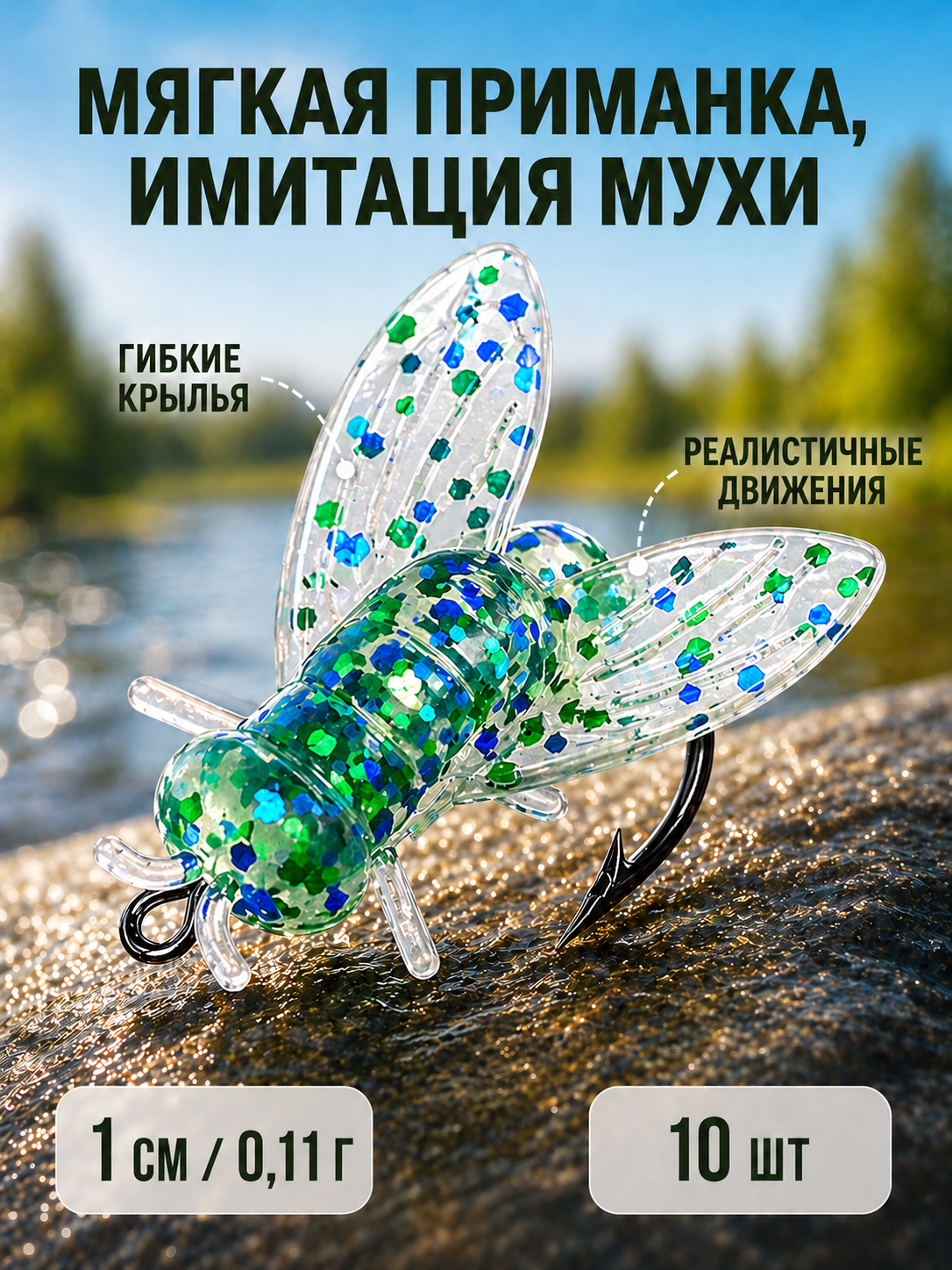 Рыболовная реалистичная, мягкая приманка, имитация мухи, для белого карася и мандаринки 1 см/0,11 г, 10 шт, прозрачно-зеленая