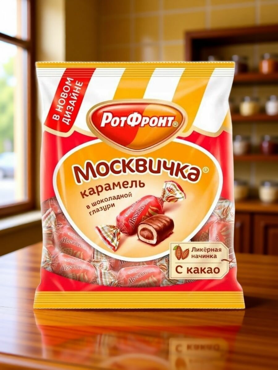 Легендарная карамель "Москвичка" - хрустящая карамель с шоколадной глазурью, нежная помадная ликерная начинка с добавлением настоящего какао и сгущенного молока , 250 гр, Рот Фронт, Россия