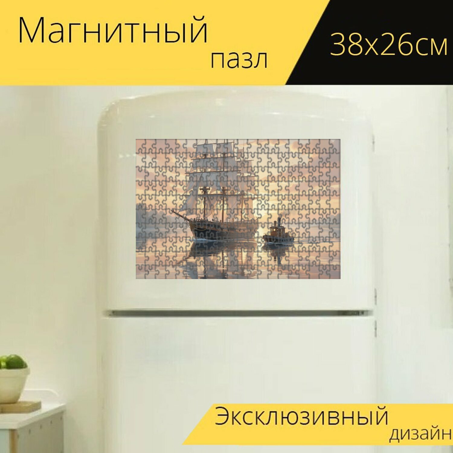 Магнитный пазл "Парусник и буксир на закате. Старинный трехмачтовый корабль с белоснежными парусами и маленький пароход плывут по зеркальной воде." для интерьера, 38х26 см.