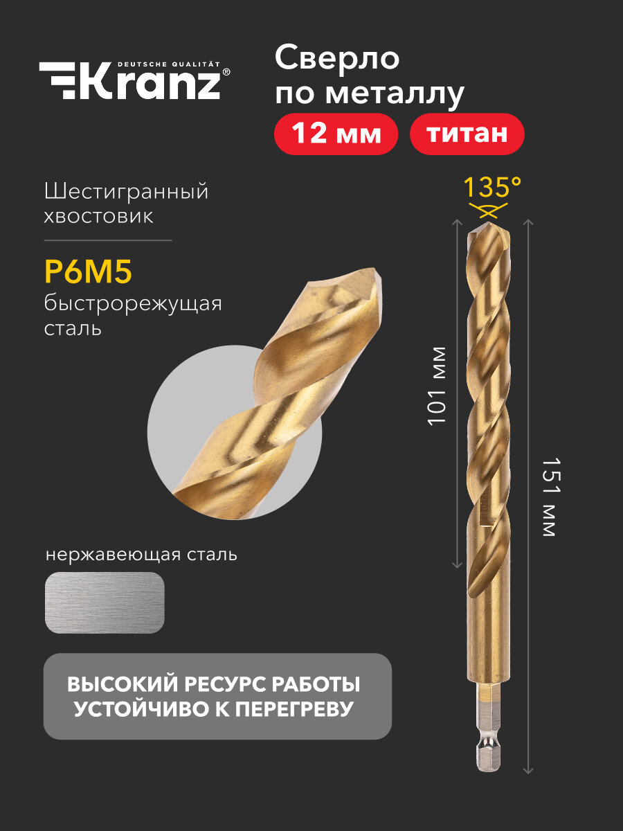 Сверло KRANZ Р6М5 DIN 338, по металлу, шестигранный хвостовик, 151мм