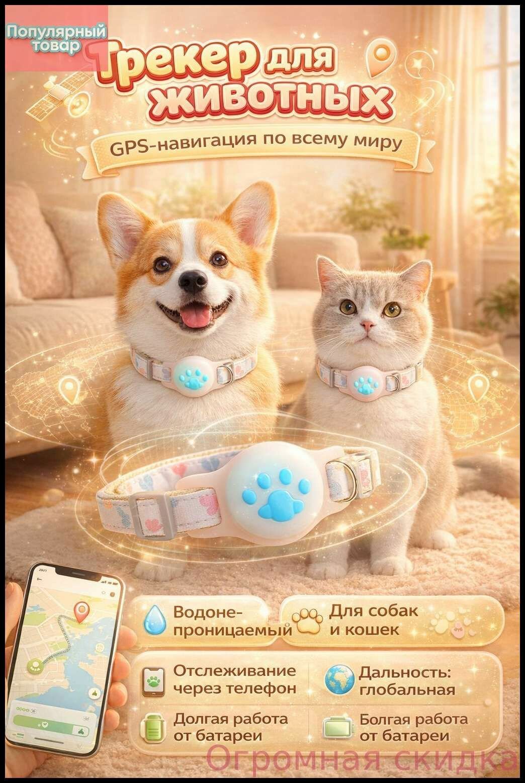 Pet Tracker Collar с GPS-трекером, глобальная локация, для собак и кошек
