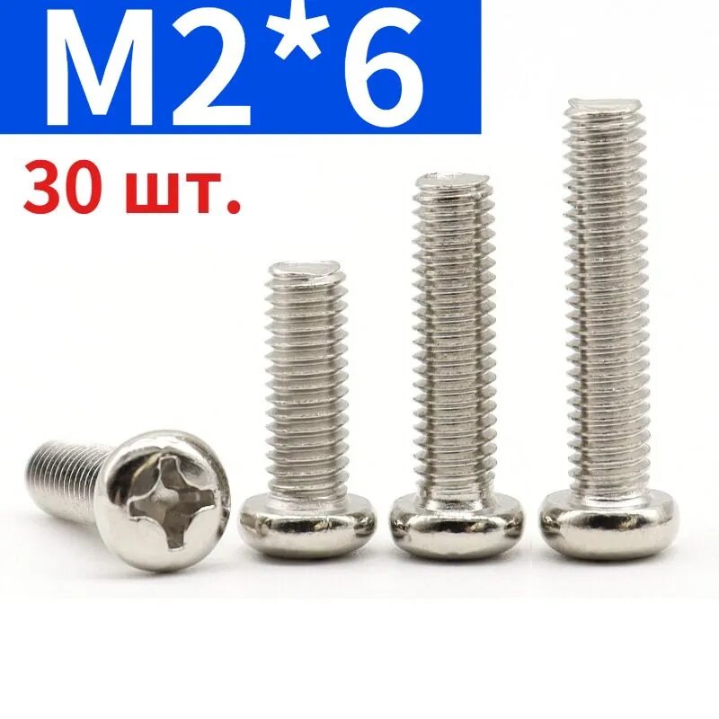 Винт M2 x 2 x 6 мм, головка: Полукруглая, 30 шт.