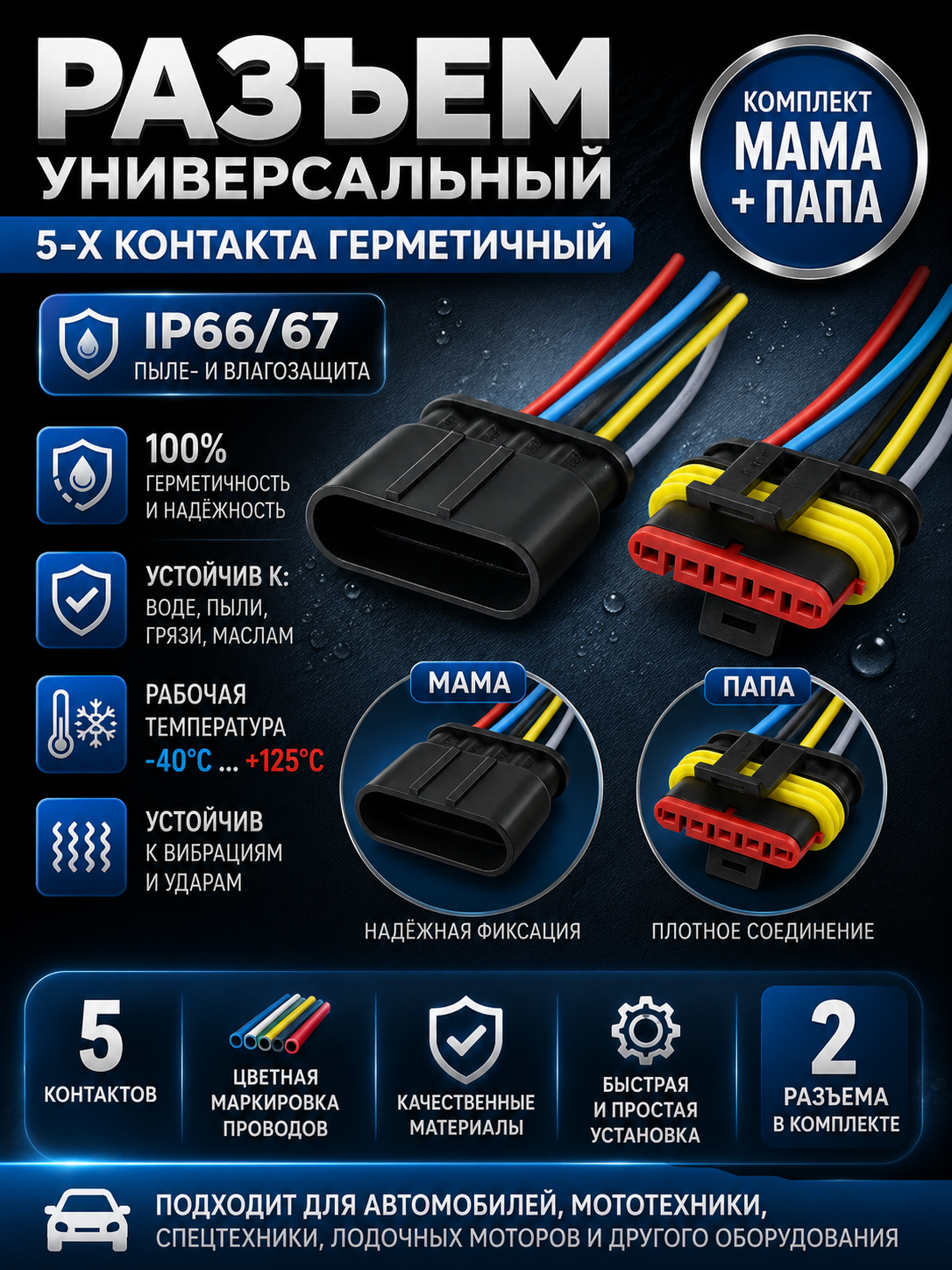 Разъем универсальный 5-х контакта герметичный IP66/67 (комплект мама+папа)