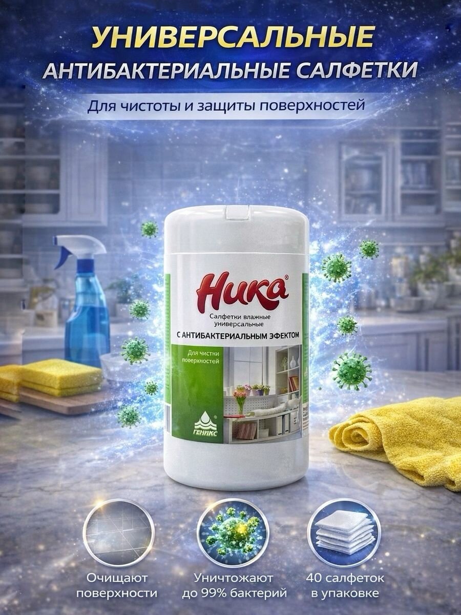 Салфетки влажные НИКА "Универсальные", для чистки поверхностей, с антибактериальным эффектом, 40шт.