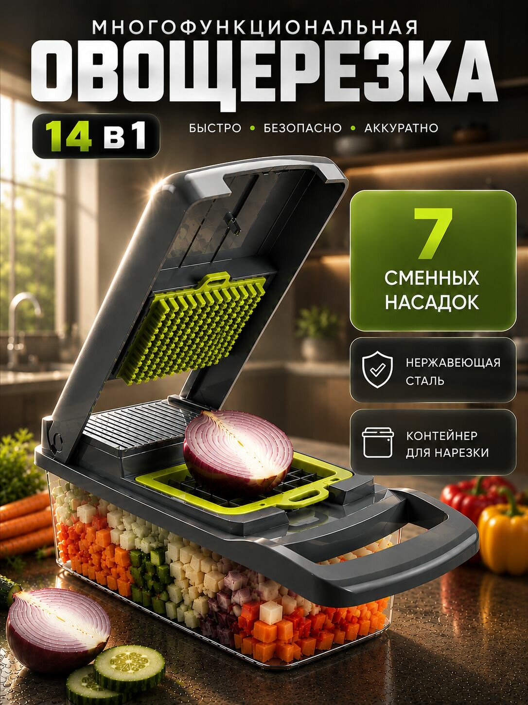 Овощерезка ручная многофункциональная с насадками, овощерезка кубиками с контейнером