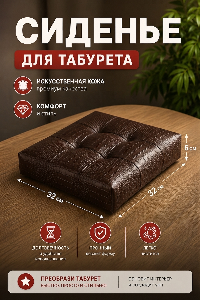 Сидение для стула или табурета квадратное, пуф "Драголит", из искусственной кожи