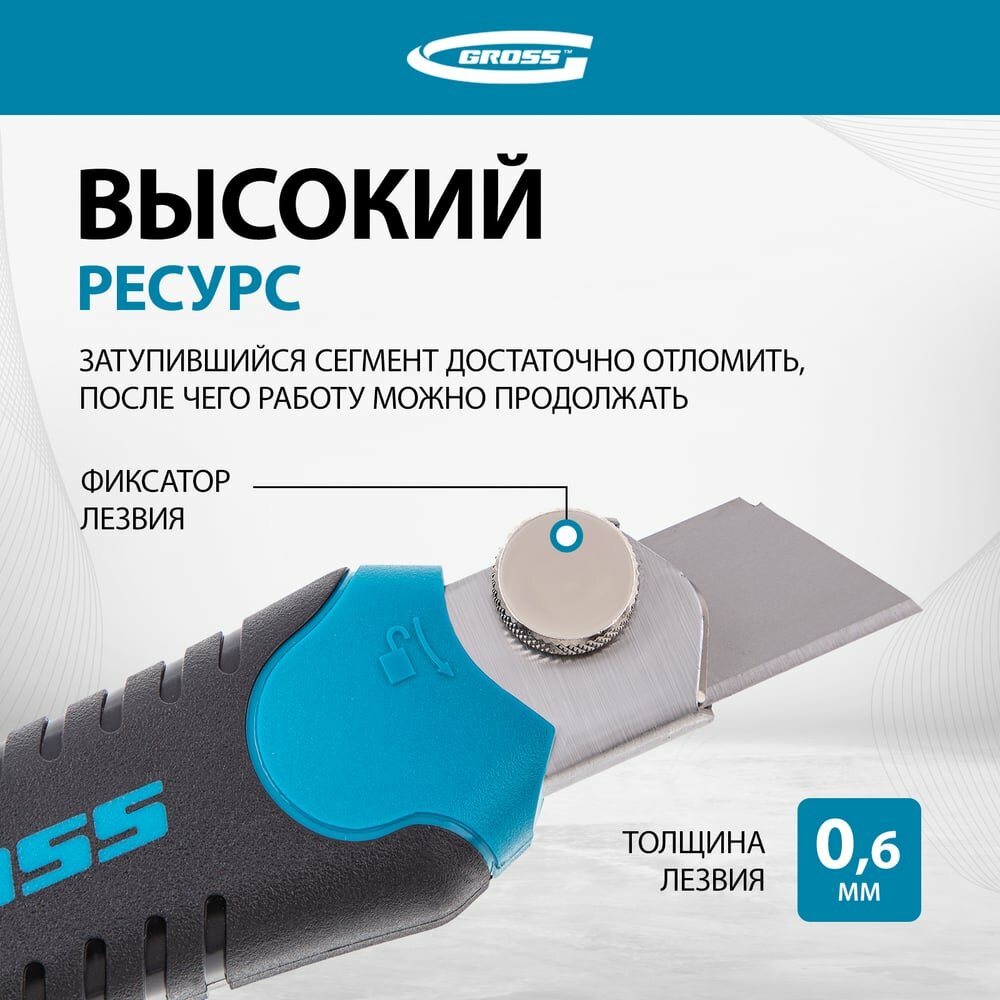 Нож 170 мм обрезиненный ABS - корпус, выдвижное сегментное лезвие 18 мм GROSS 78893 — фото 1