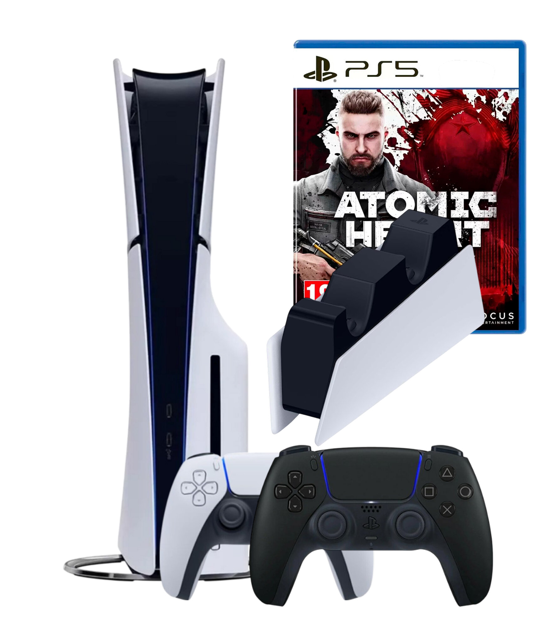 Игровая приставка PlayStation 5 Slim + 2й геймпад черный + игра Atomic Heart + станция зарядки