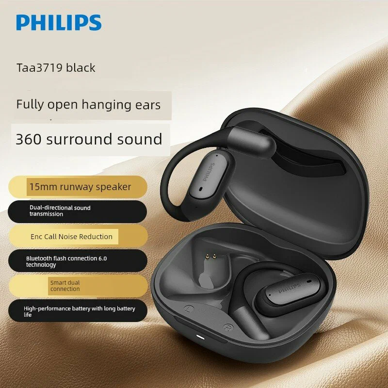 Philips TAA3719 Беспроводные наушники с костной проводимостью Bluetooth, шумоподавление ENC, 15 мм драйвер, Black