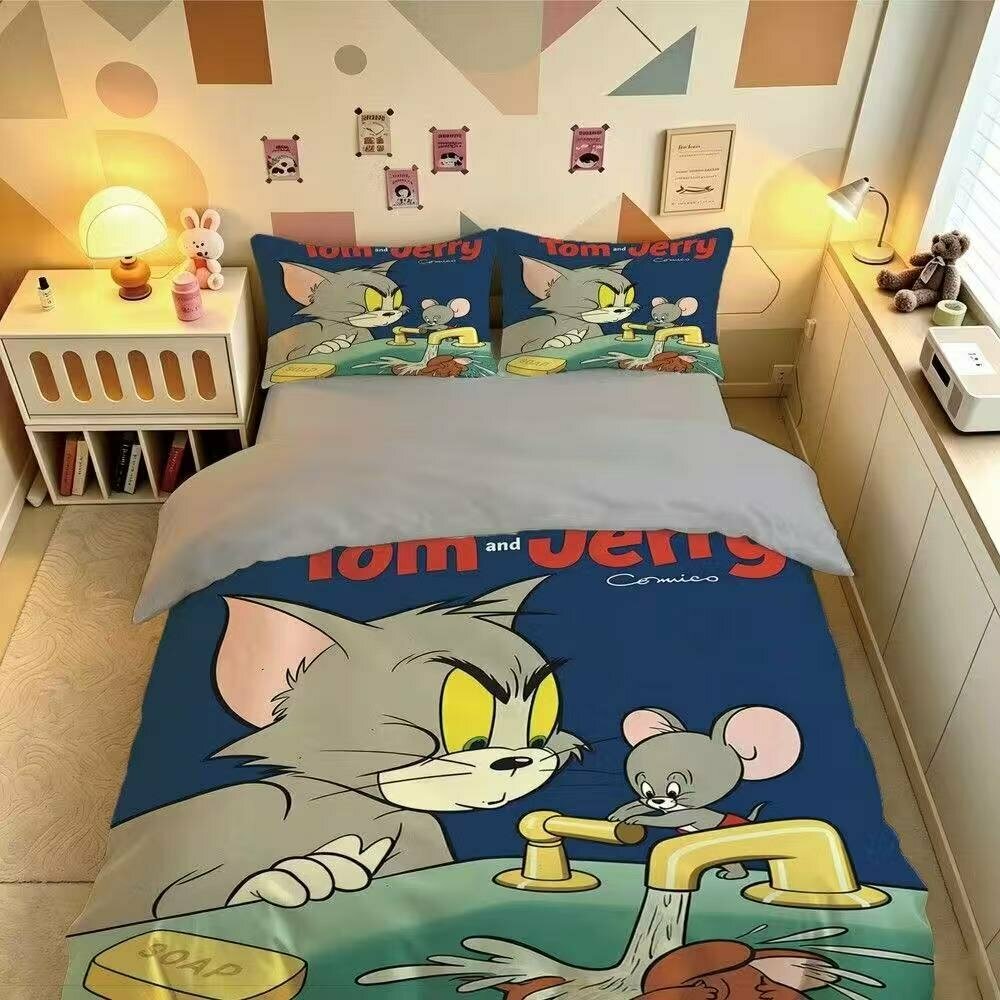 Комплект постельного белья MINISO "Том и Джерри", 200x230 см，4 предмета，светло-серый，кровать ，1,8 метра