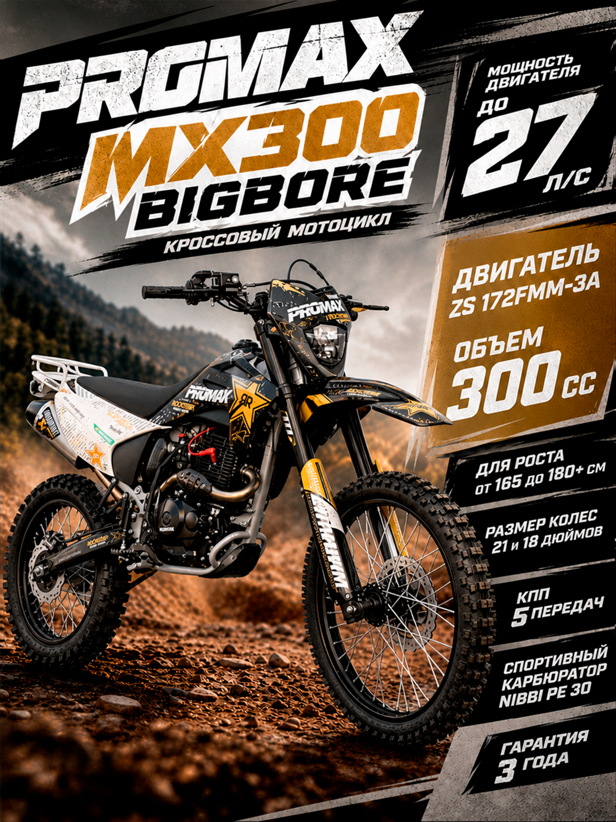 Мотоцикл Эндуро Кроссовый PROMAX MX300 BigBore / 300 кубов (300сс)