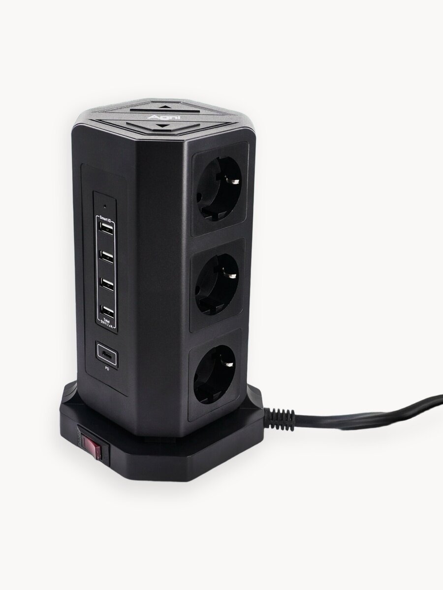 Сетевой фильтр AGNI, башня, 9 розеток, 4 USB, 1 TYPE-C, быстрая зарядка, 3 м