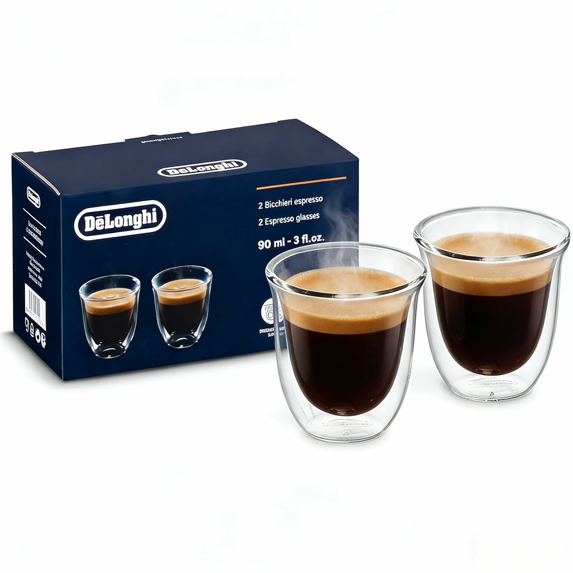 Набор из 2 шт, DeLonghi 3 унции/90 мл термические эспрессо-стаканы с двойными стенками, боросиликатные термокружки, термостойкие, подходят для посудомоечной машины, премиальные аксессуары для эспрессо