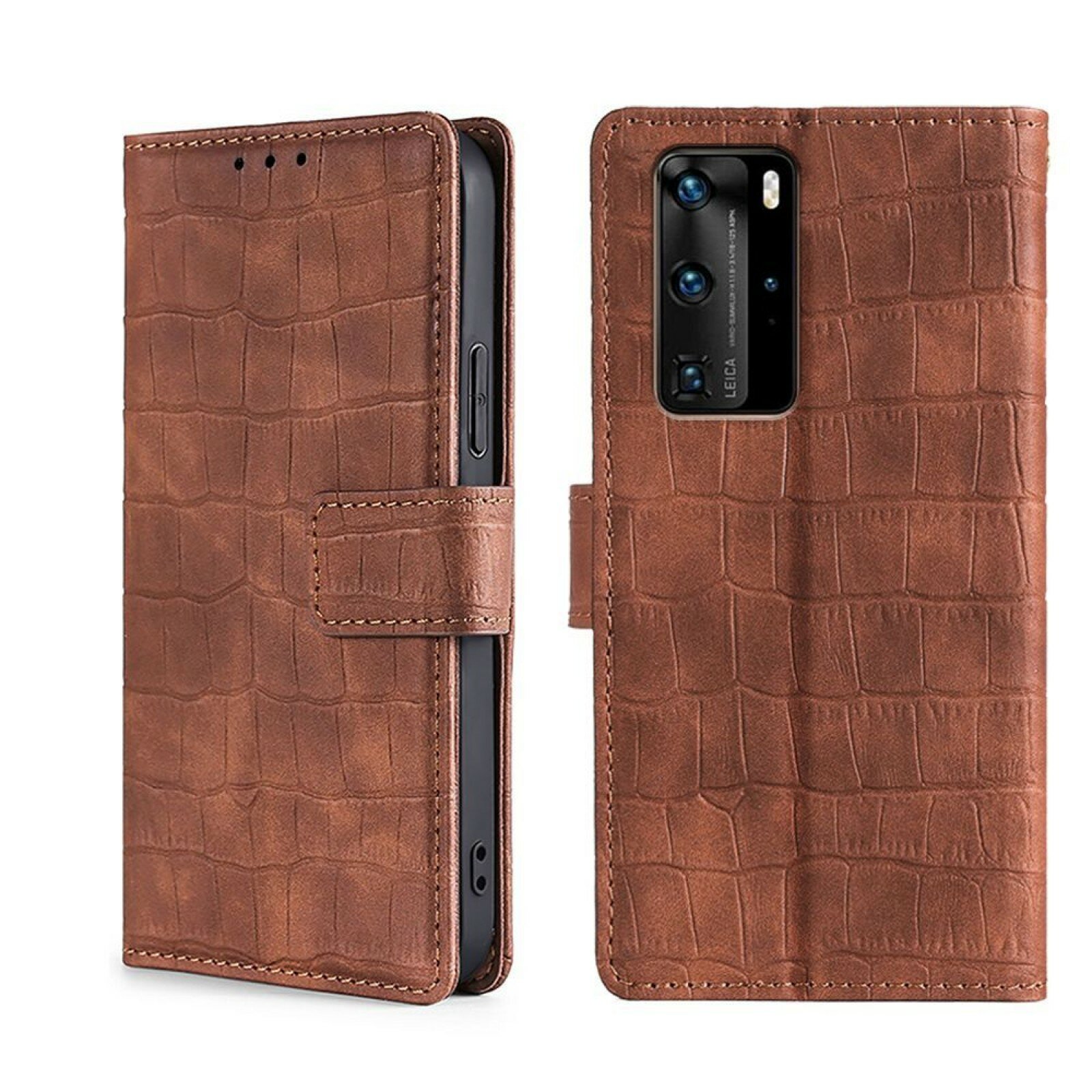 Чехол-книжка MyPads для Huawei P40 Pro коричневый крокодиловая кожа с трансформацией в подставку