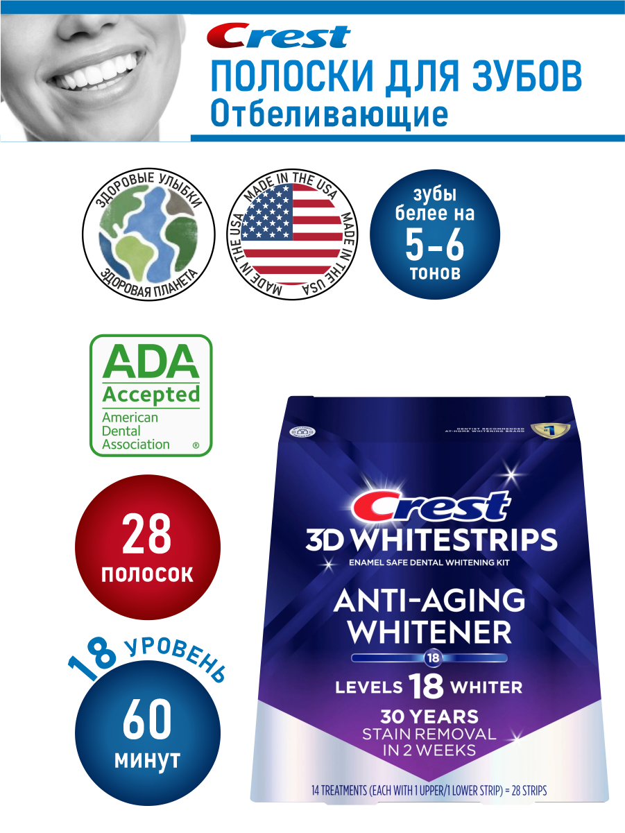 Отбеливающие полоски для зубов Crest 3D Whitestrips Anti-Aging 28 шт./уп.