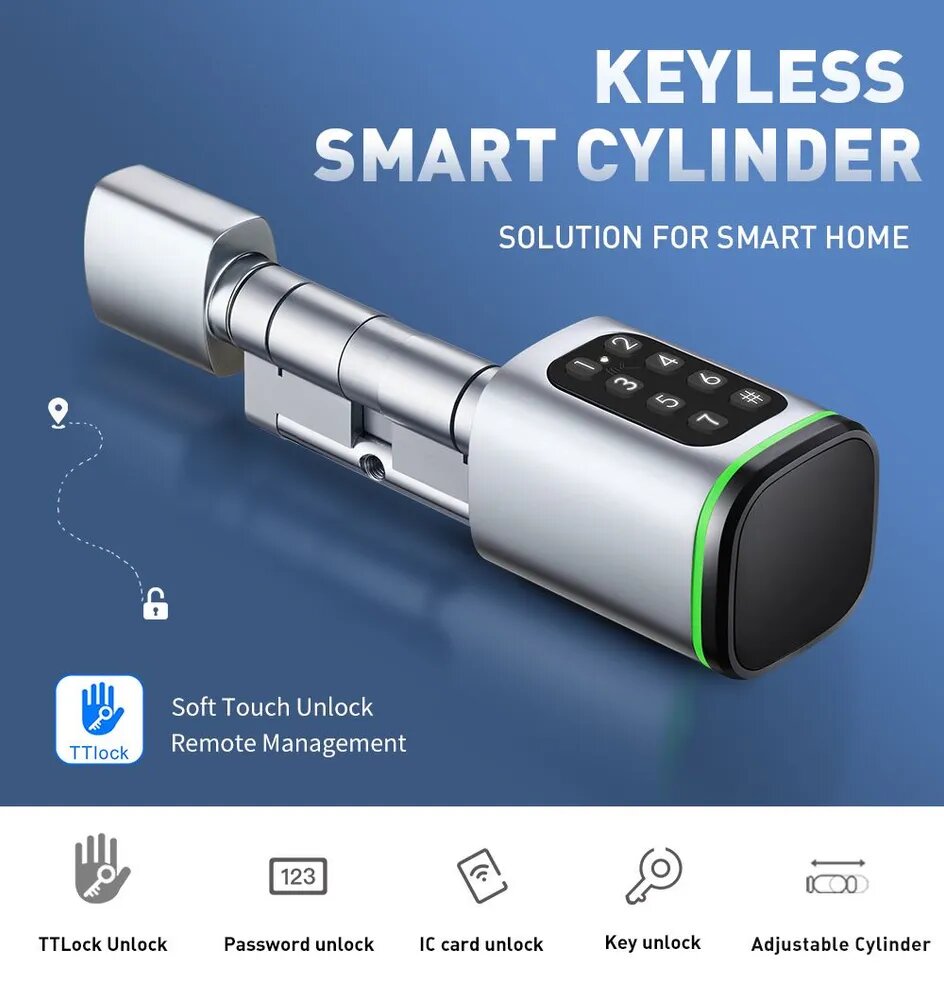 Умный замок-цилиндр Bluetooth дверной замок tuyaAPP+пароль+карта+механический ключ (серебристый, 80 мм)