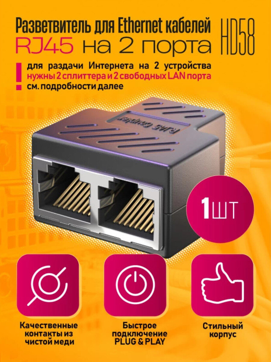 Сетевой разветвитель интернет кабеля RJ45 на 2 / Сплиттер LAN кабеля / Ethernet переходник - адаптер 100 Мбит/с