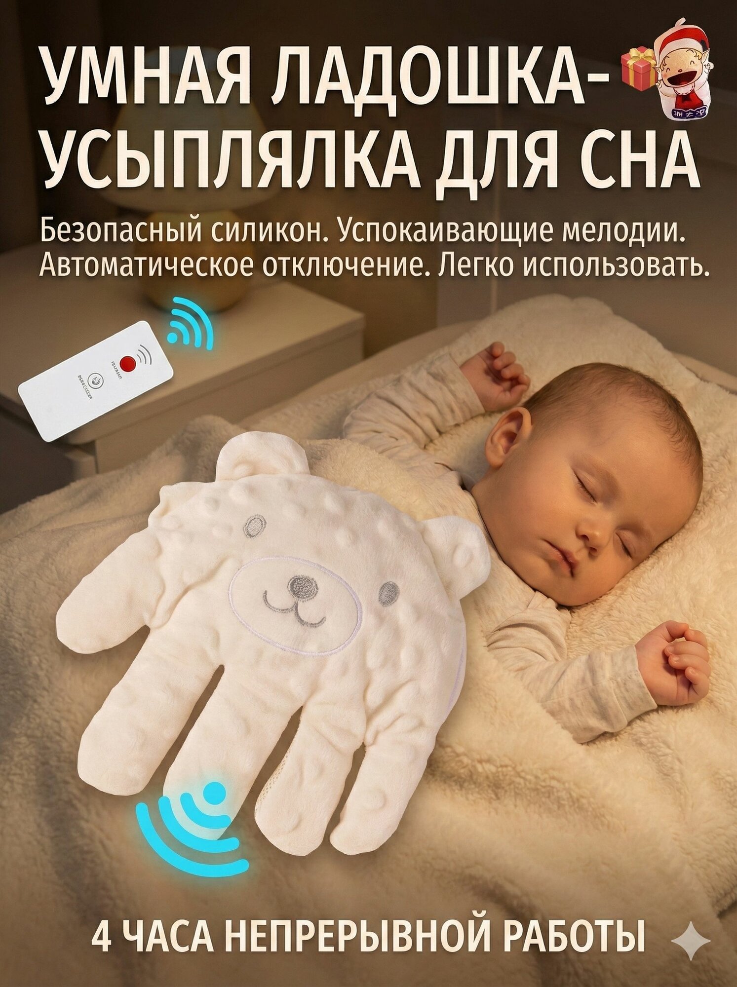 Успокаивающая игрушка для сна новорожденных "Мамина ладошка" Музыкальный комфортер с функцией похлопывания и белым шумом