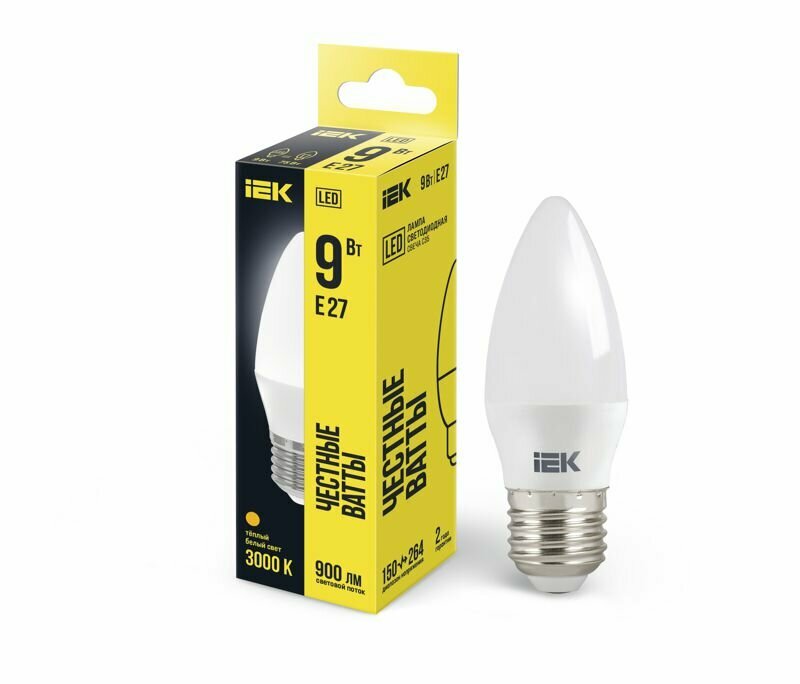 Лампа светодиодная C35 9Вт свеча 3000К E27 230В IEK LLE-C35-9-230-30-E27