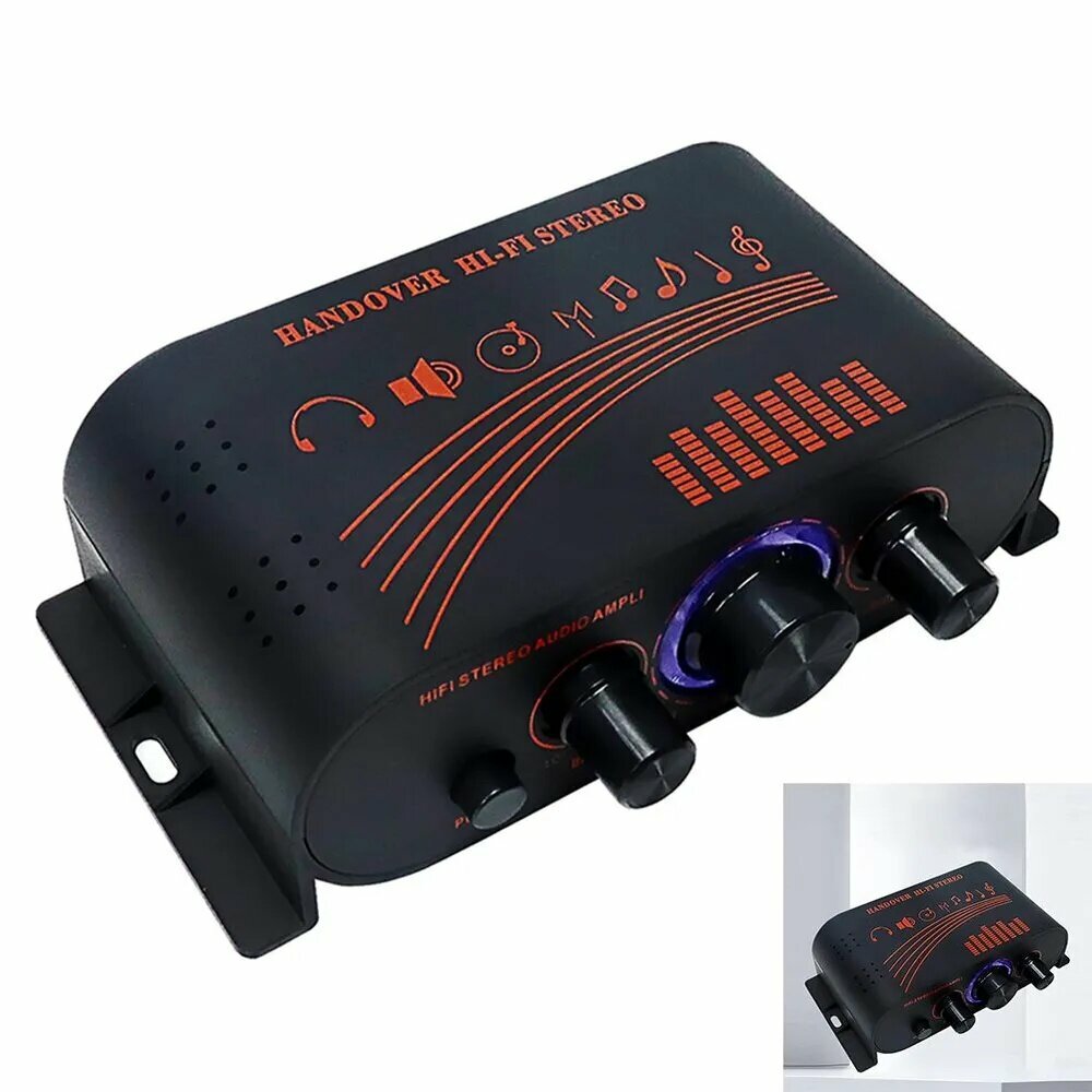 Малогабаритный двухканальный аудиоусилитель мощностью 20 Вт на канал, чёрный, с регулировкой тембра