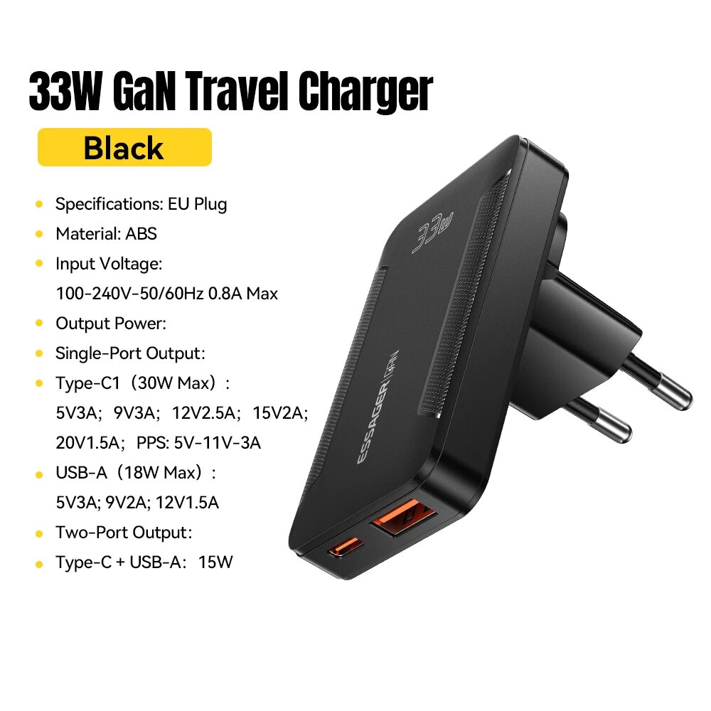 33W GaN Travel Charger Black EU Plug