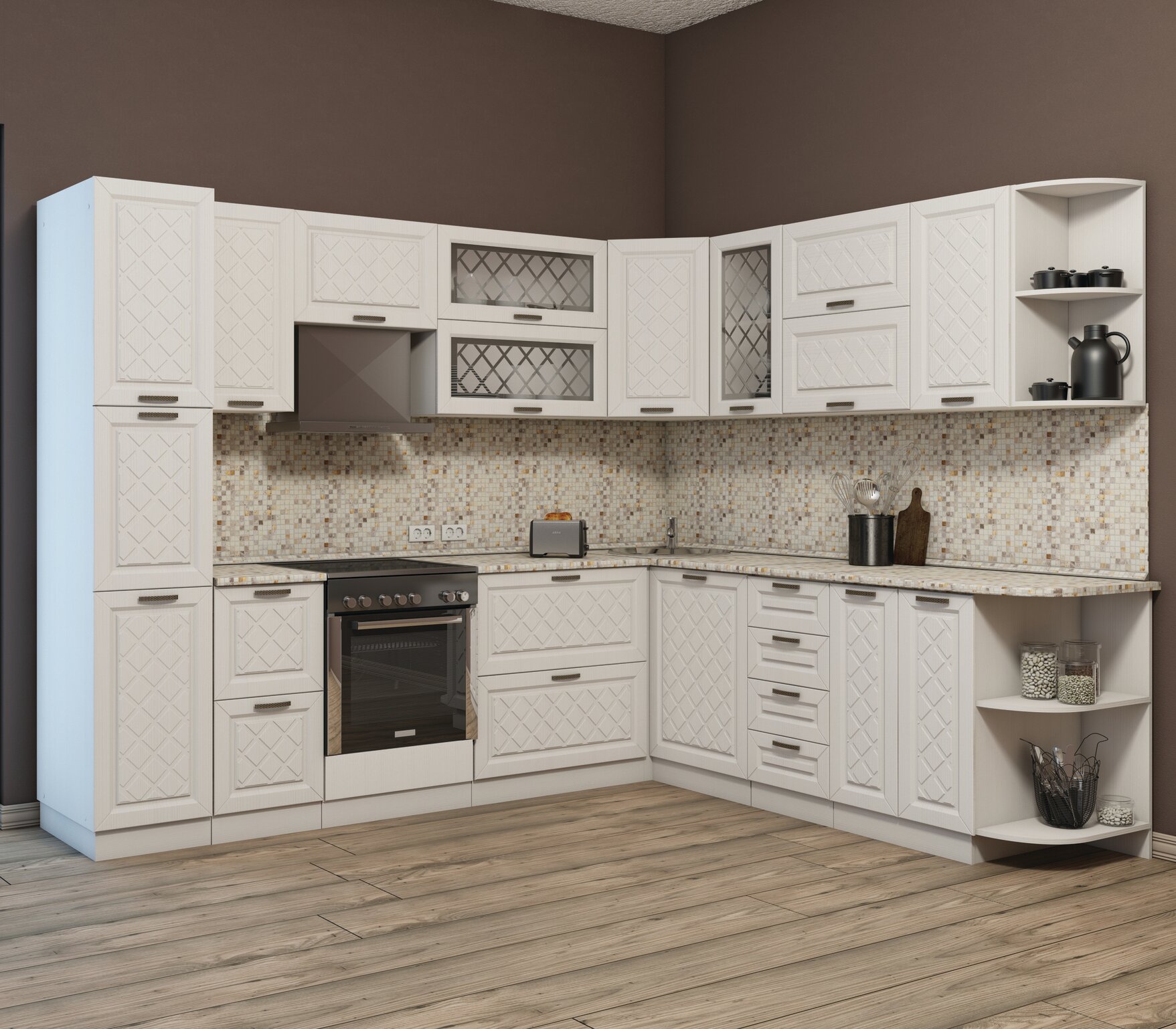 Кухонный гарнитур, кухня угловая 2,8 X 2.29 метра Агава Акация Белая