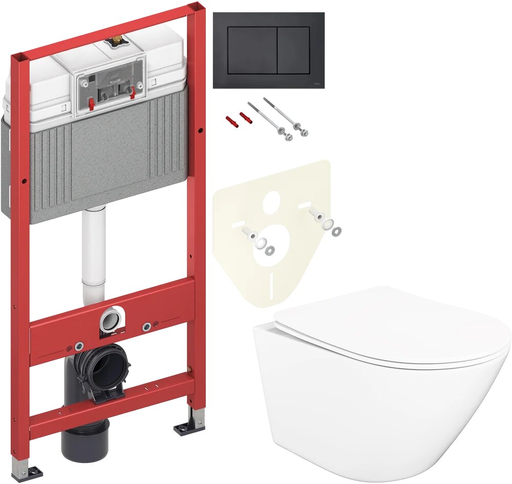 Комплект 2 в 1 Унитаз подвесной STWORKI Кронборг S28401WH, безободковый, с микролифтом, белый / Инсталляция с кнопкой TECE Now 9400414 цвет черный / Комплект шумоизоляции