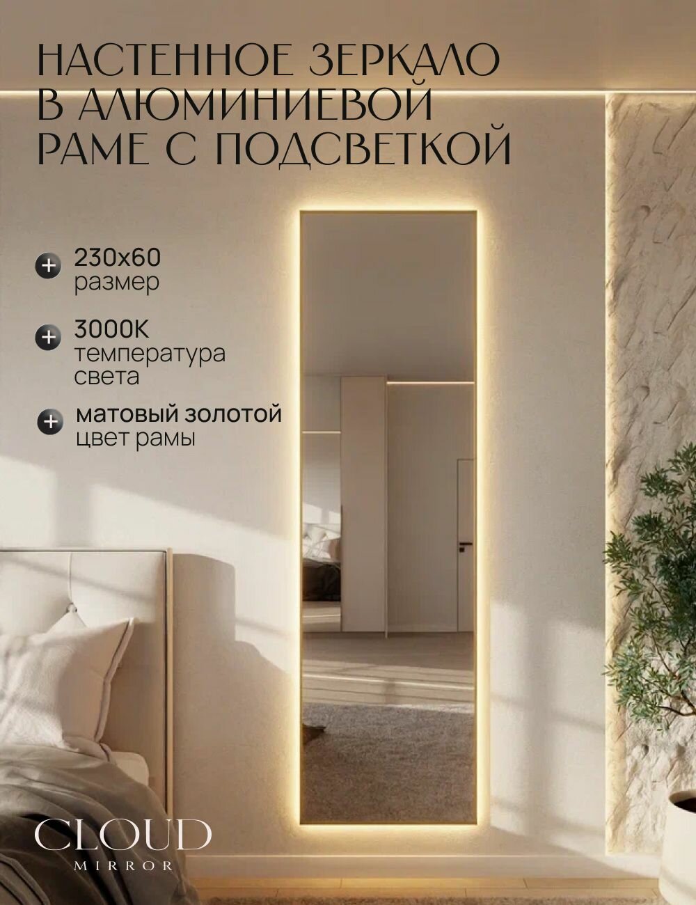 Зеркало 230х60 см. золото с подсветкой. Свет: Теплый белый 3000К. В алюминиевой раме интерьерное настенное CLOUD MIRROR