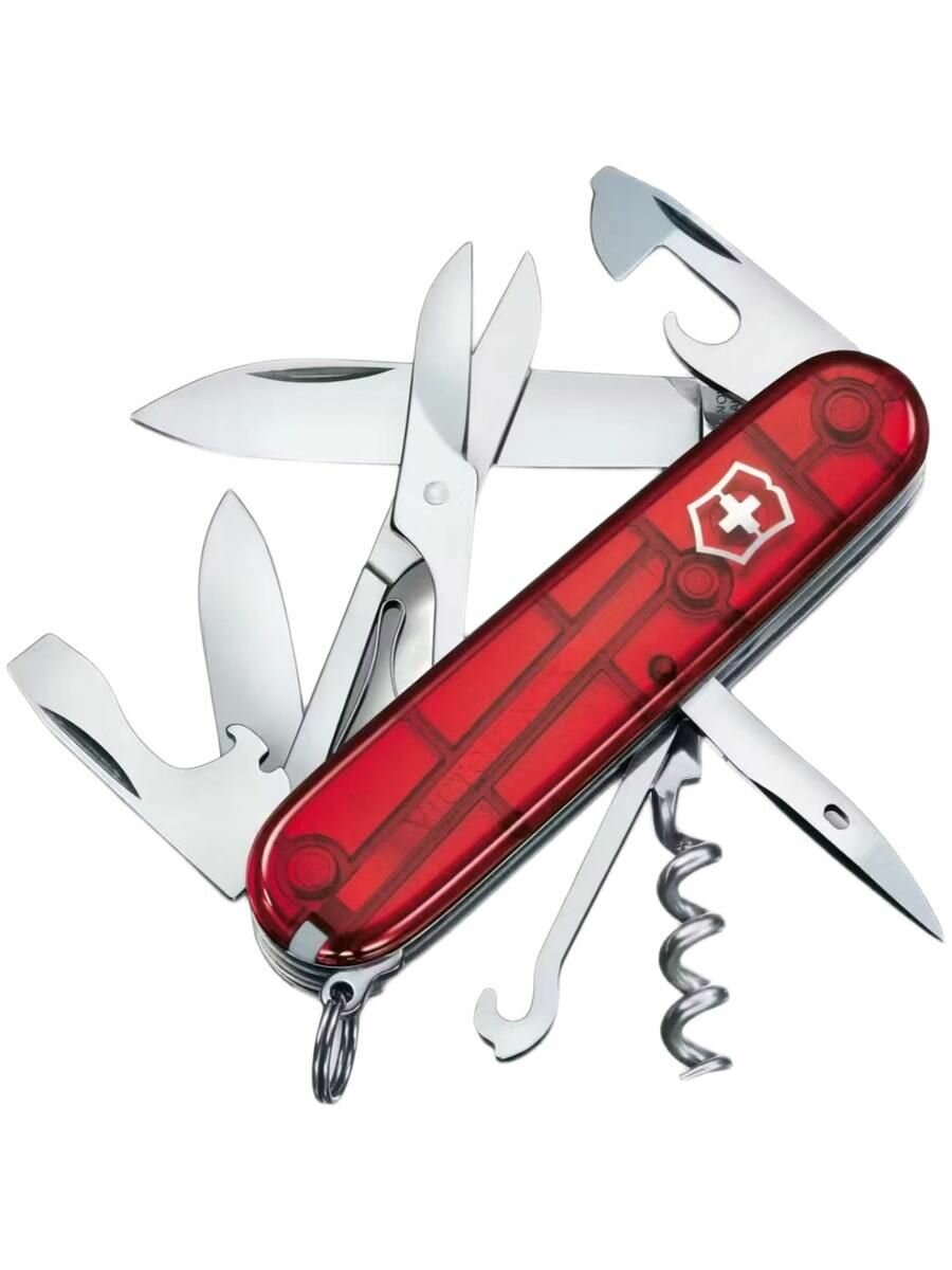 VICTORINOX Мультитул CLIMBER 1.3703. T 91mm 14 функций Ножницы Штопор Прозрачный красный