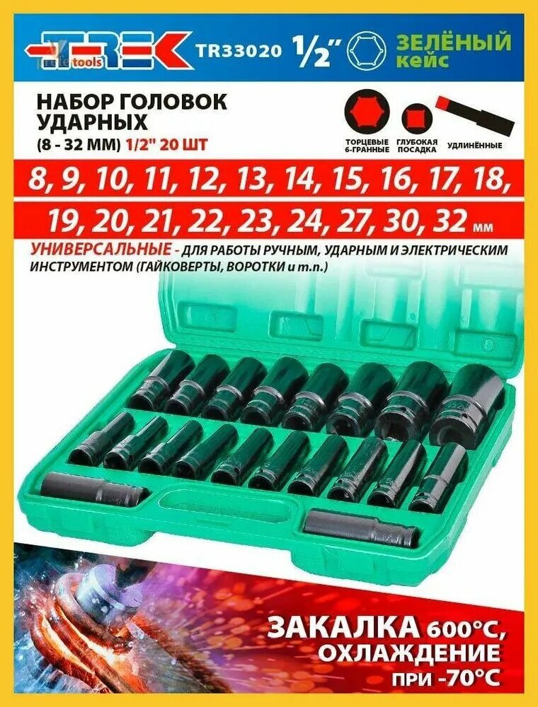 Набор головок ударных 20шт (8-32 мм) 1/2", зеленый кейс TREK TR33020