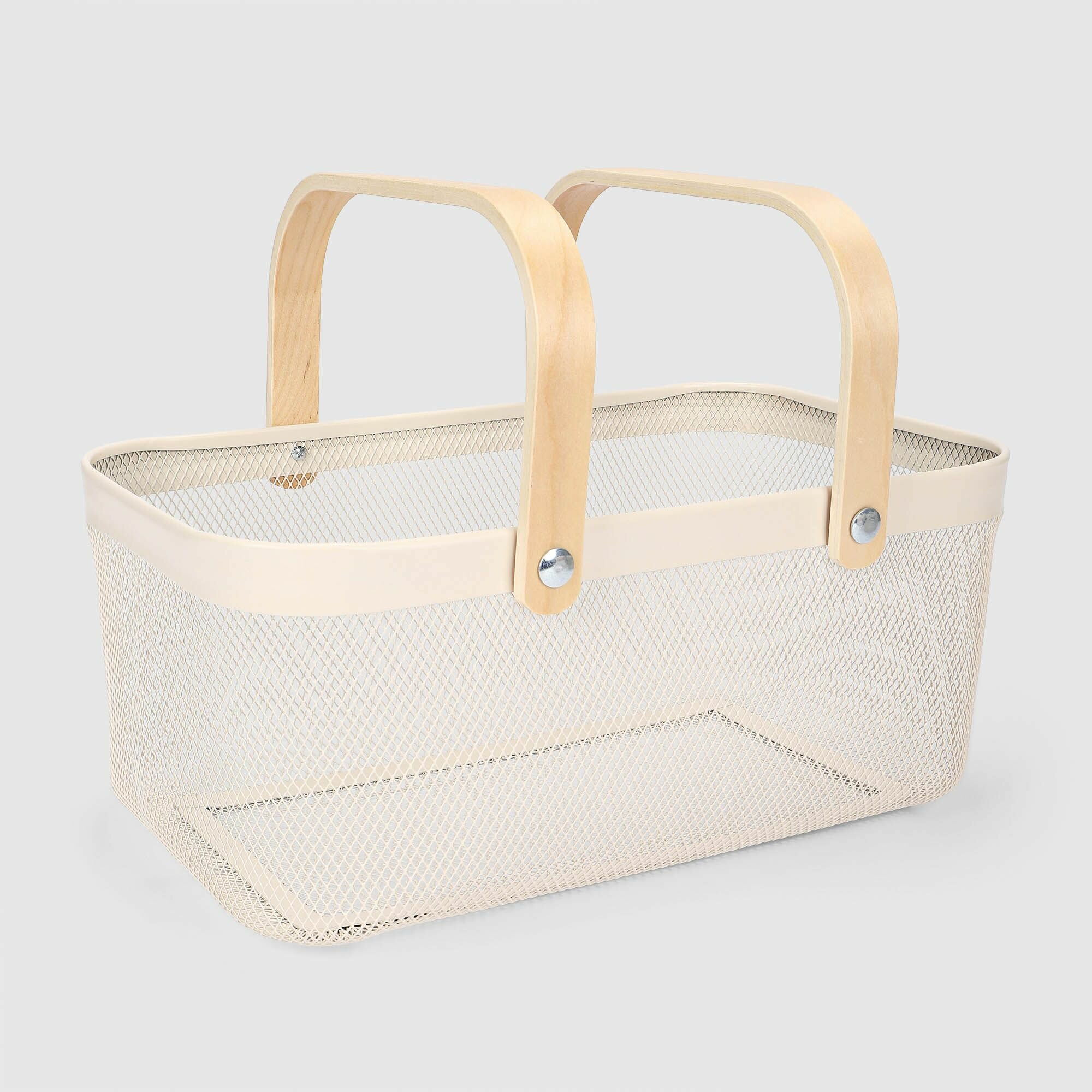 Корзина для хранения Yikai металлическая с деревянной ручкой бежевая 40х24х18 см