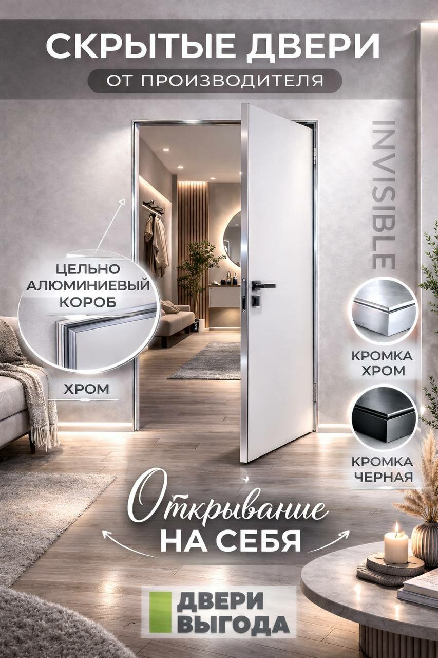 Скрытая дверь invisible 800x2000, алюминиевый короб, под покраску, комплект с петлями и магнитным замком кромка хром (П) на себя