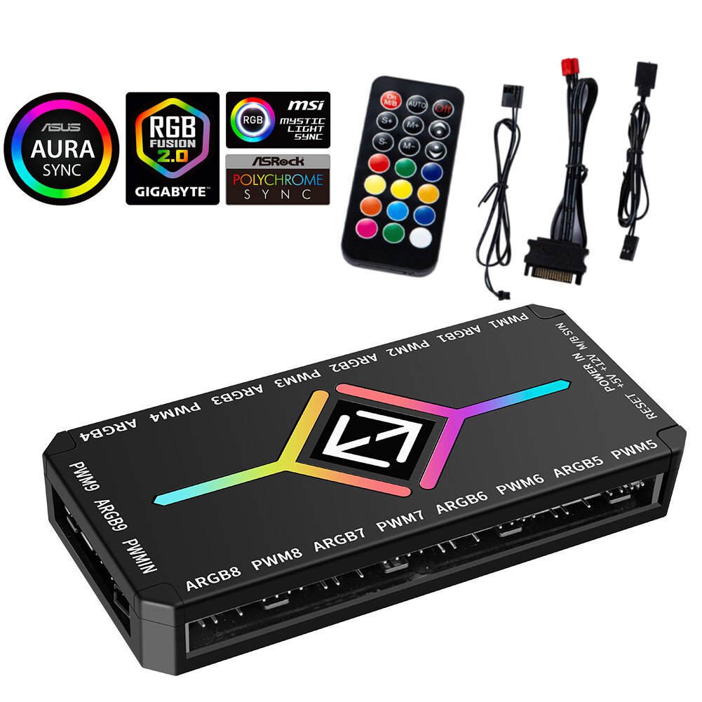 Контроллер вентиляторов с пультом ДУ: 9 4PIN PWM + 9 3PIN ARGB, чёрный