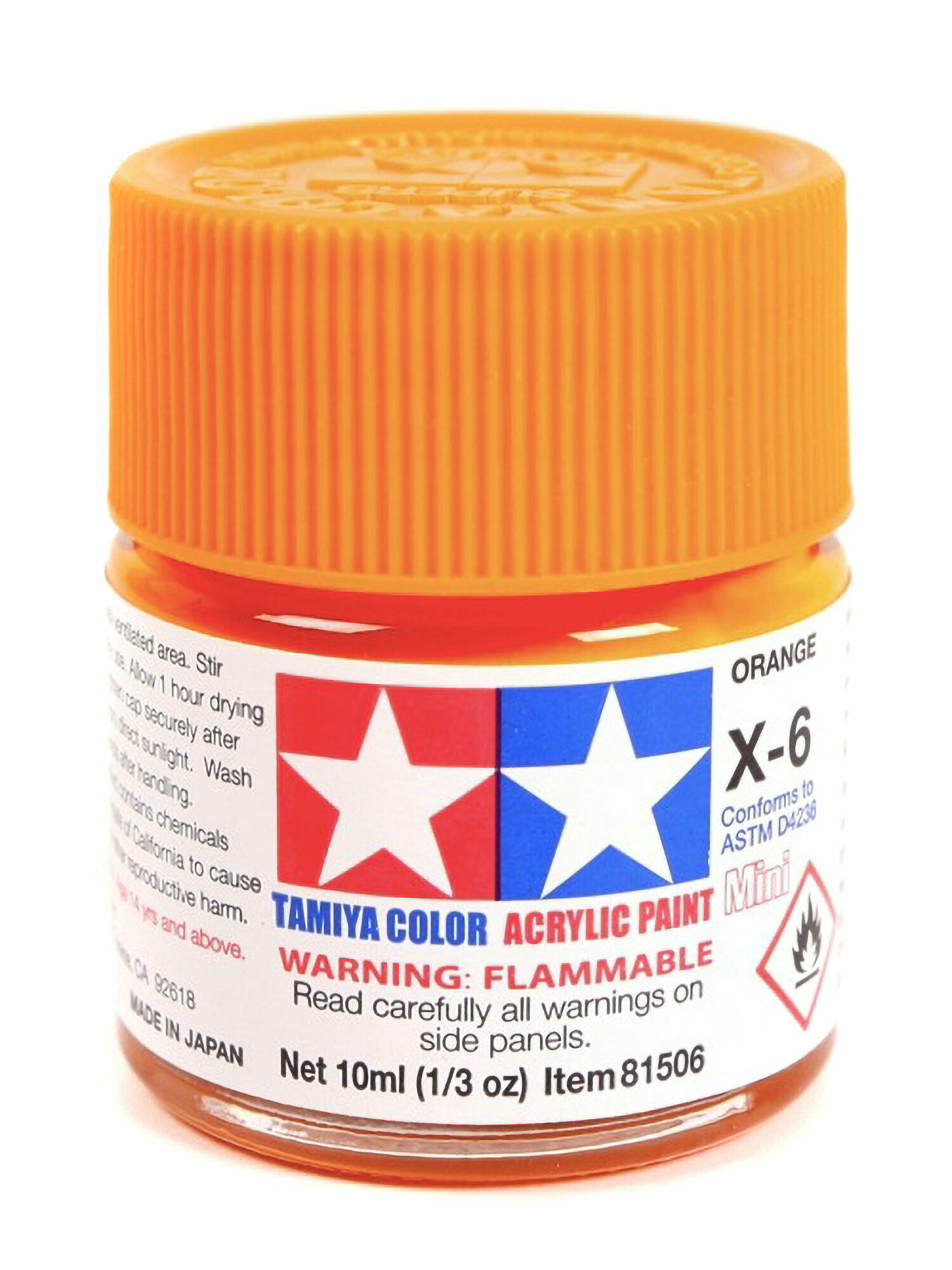 Краска акриловая Tamiya Color X-6 Orange 81506 оранжевая глянцевая, 10 мл