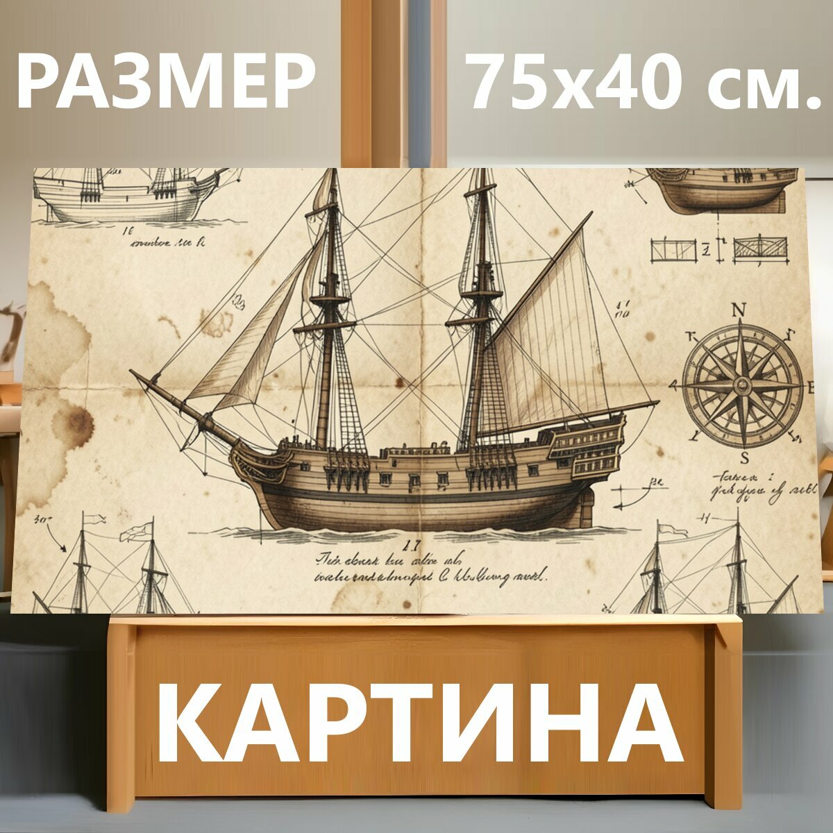 Картина на холсте "Парусный корабль на старинной карте. Винтажная морская композиция с чертежами парусников, компасом и рукописными пометками." на подрамнике 75х40 см. для интерьера