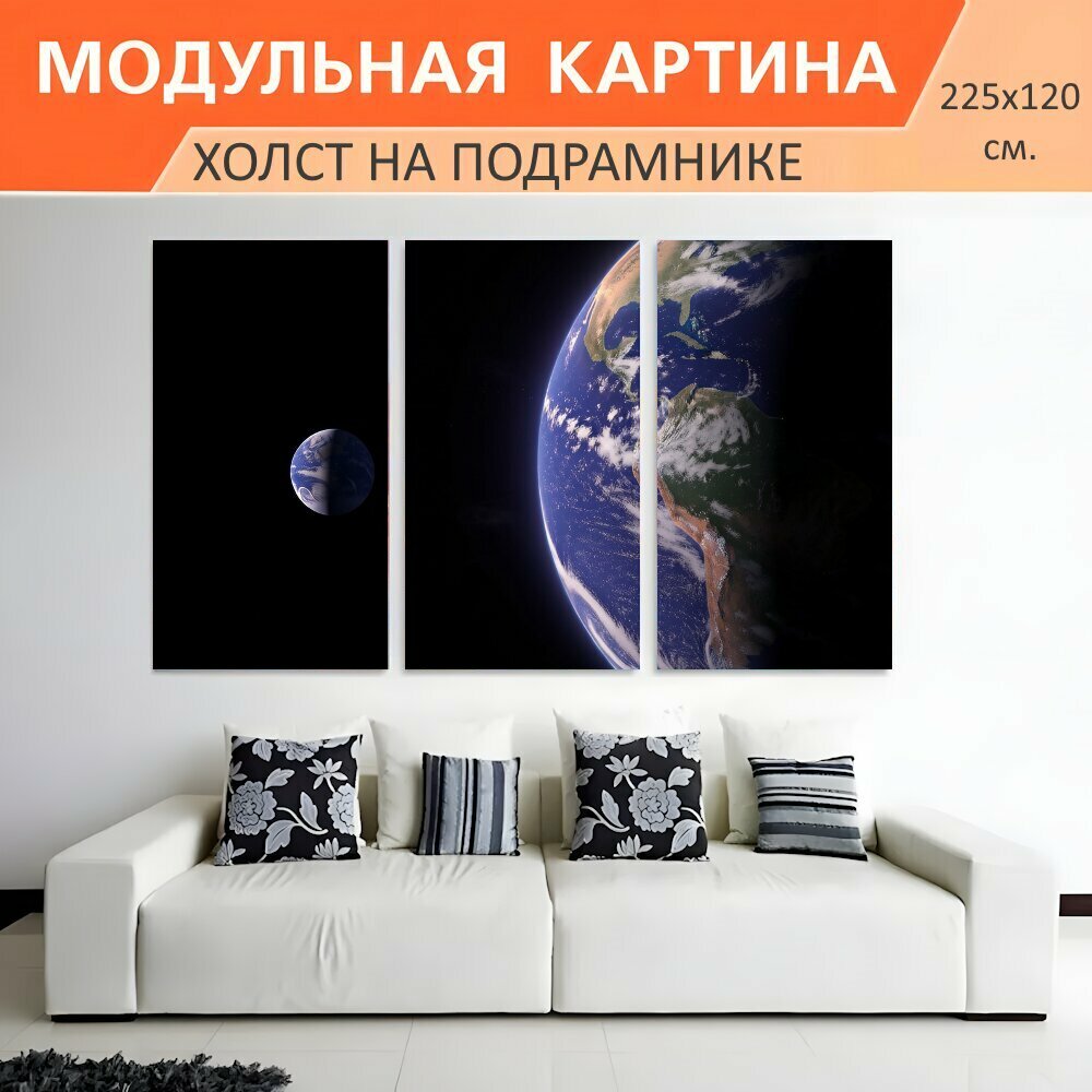 Модульная картина на холсте "Планеты Земля в космосе. Реалистичный космический вид: две планеты на фоне глубокого черного." триптих на подрамнике 225х120 см. для интерьера
