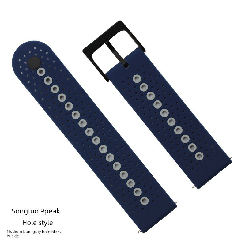 Suunto 9 Peak 22 мм средне-голубая силиконовая браслет с черной пряжкой, серые перфорированные отверстия