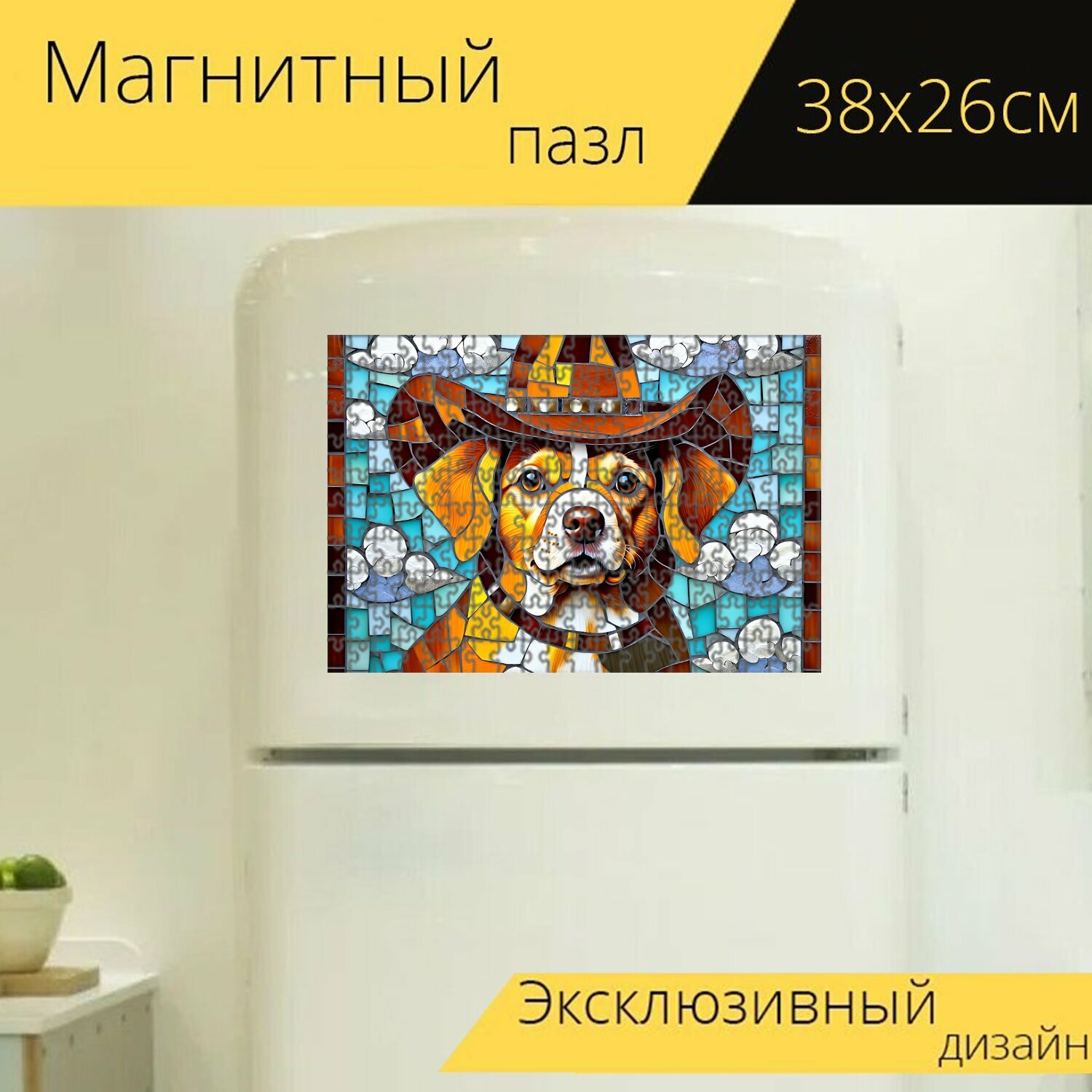 Магнитный пазл "Стеклянная мозаика с изображением щенка с милым выражением лица" для интерьера, 38х26 см.