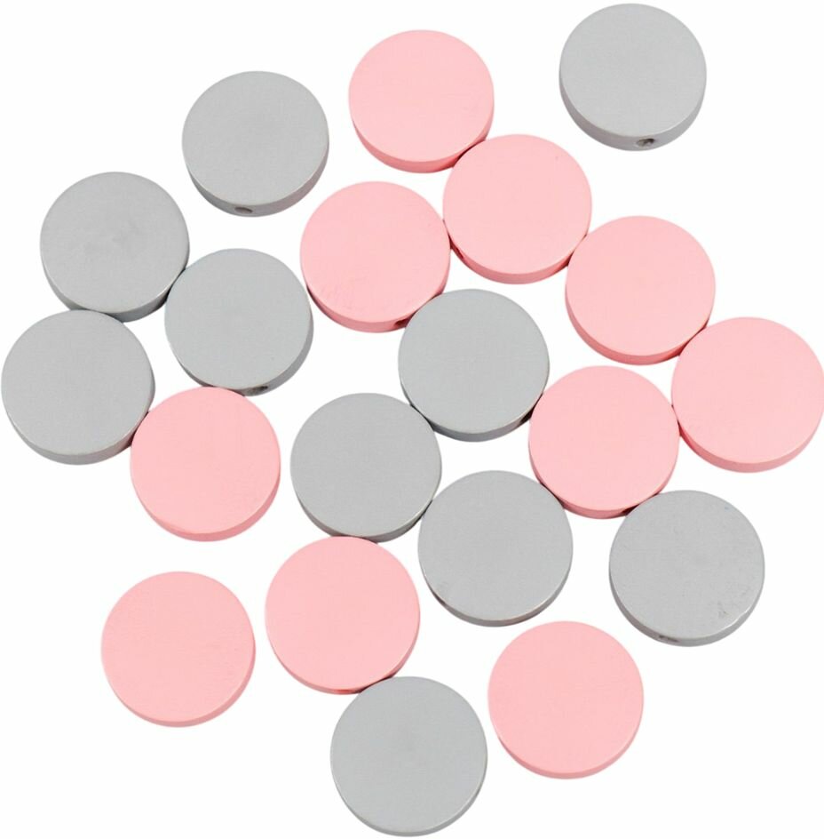 Бусины деревянные 15 мм "Плоский круг" для творчества, набор бусинок из дерева для рукоделия и украшений, бусинки круглые пришивные из дерева - 20 штук, цвет розовый серый