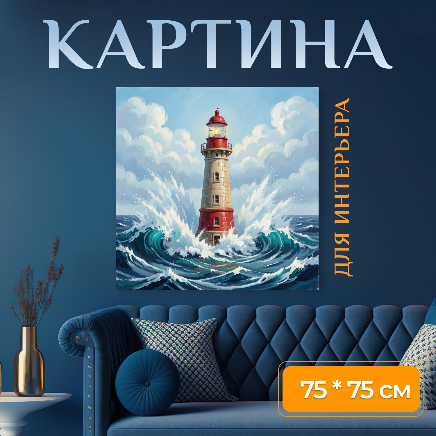 Картина на холсте "Маяк среди бурных волн. Одинокая башня у моря в стилизованной живописной манере: красный верх, светящийся фонарь, бирюзовые." на подрамнике 75х75 см. для интерьера