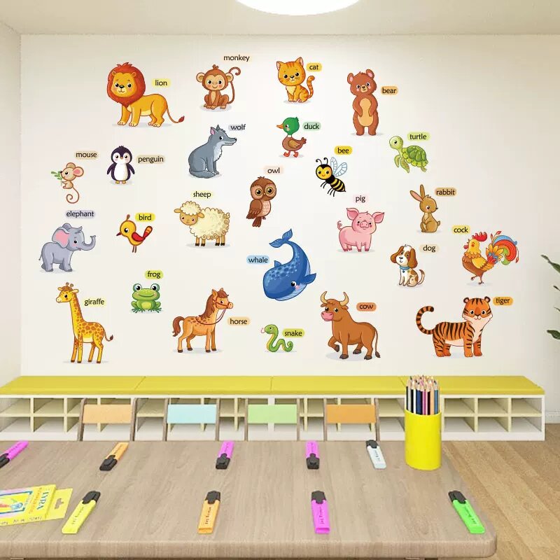 Самоклеющиеся карточки с животными и транспортом для детского сада, большие размеры, образовательное оформление класса