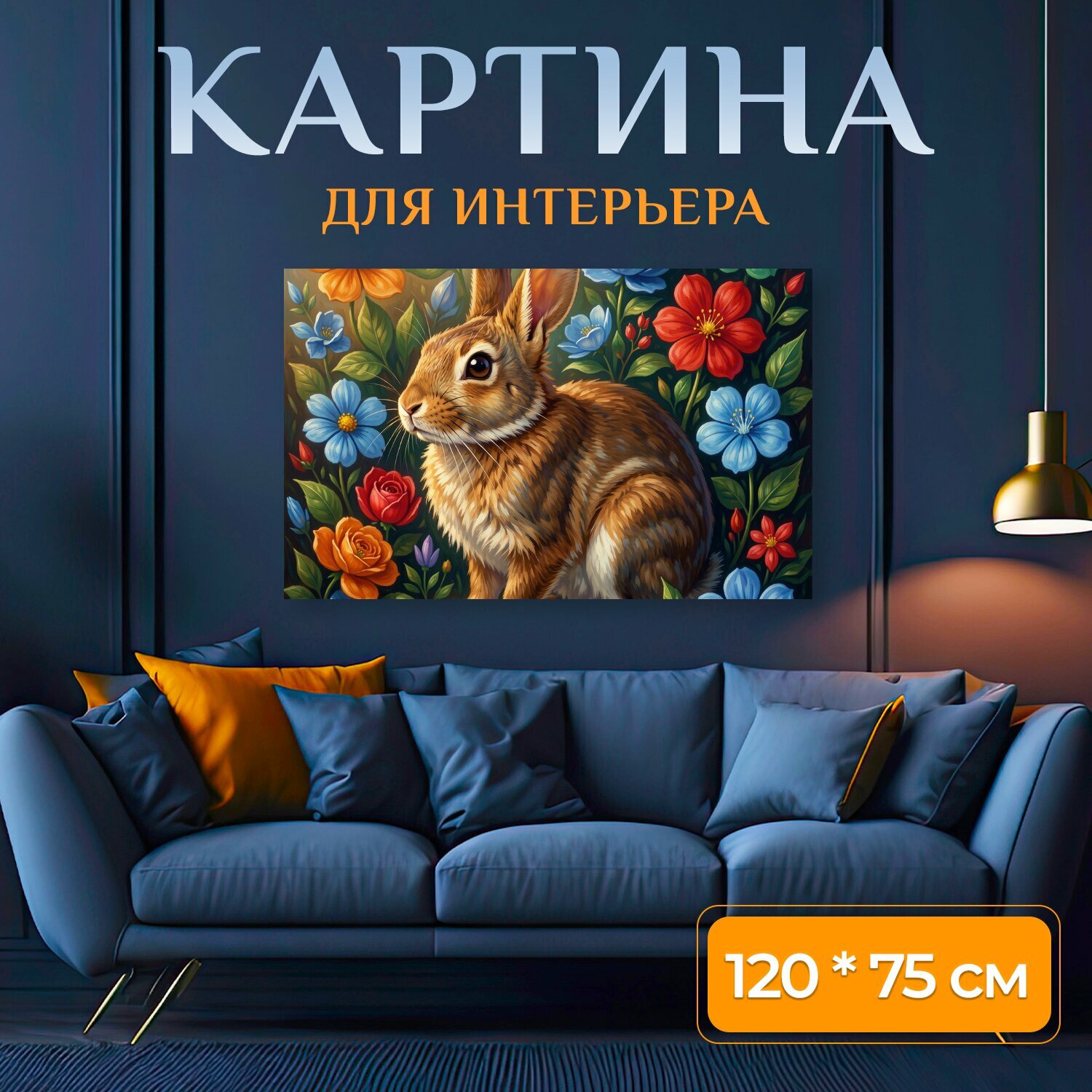Картина на холсте "Изображение в стиле цифровой живописи представляет кролика в профиль на фоне густой цветочной композиции с разнообразными." на подрамнике 120х75 см. для интерьера