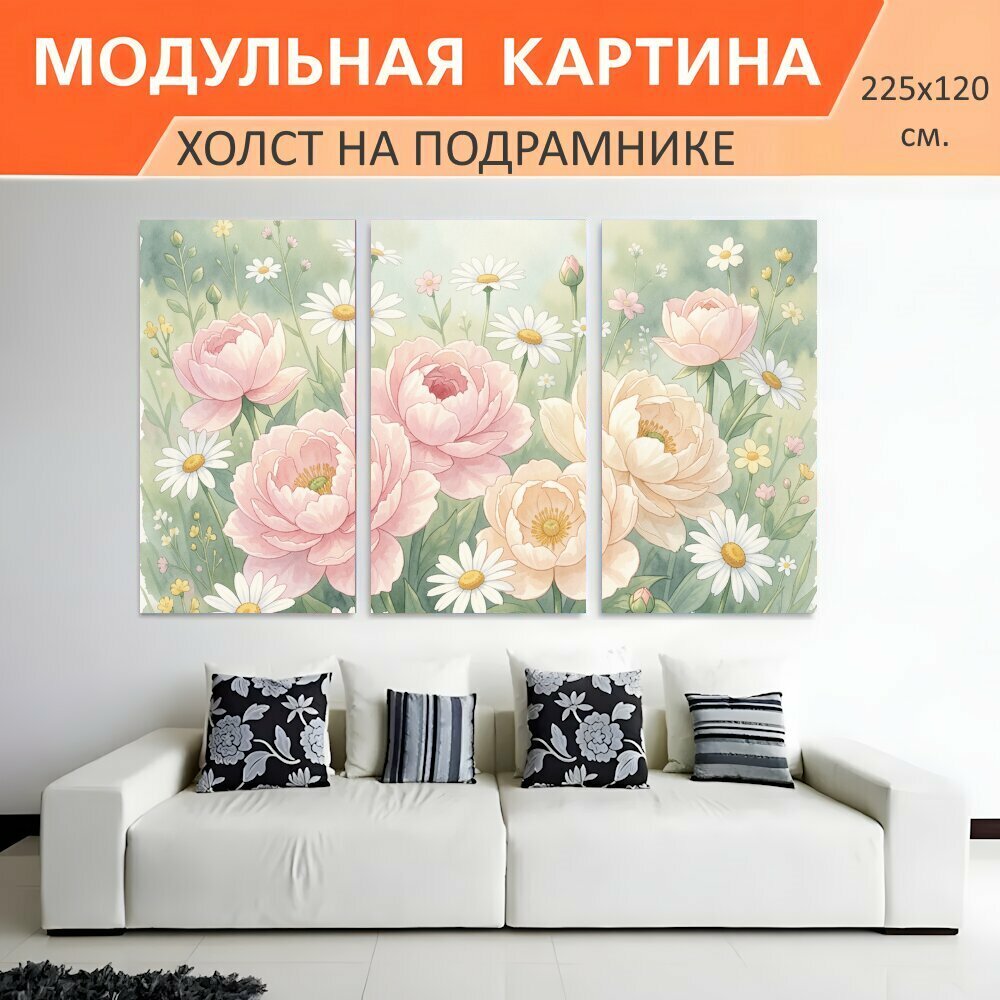 Модульная картина на холсте "Цветущий сад с пионами и ромашками. Нежная весенняя композиция с крупными махровыми бутонами, полевыми." триптих на подрамнике 225х120 см. для интерьера